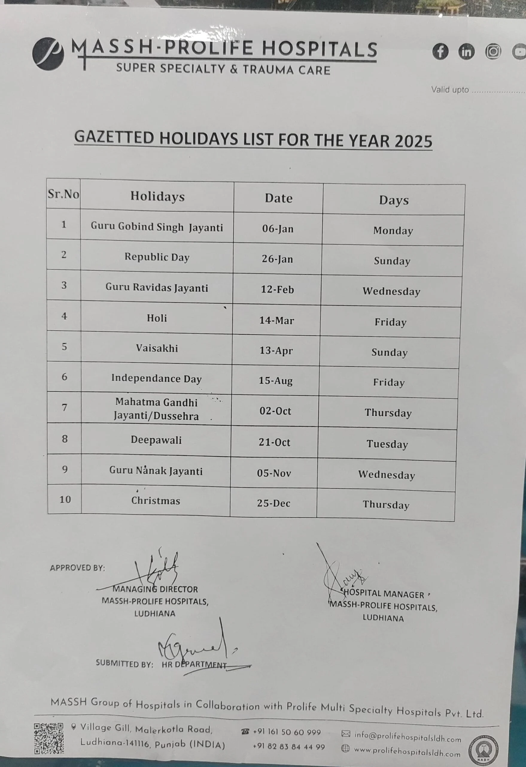 Holidays List - Prolife Hospitals